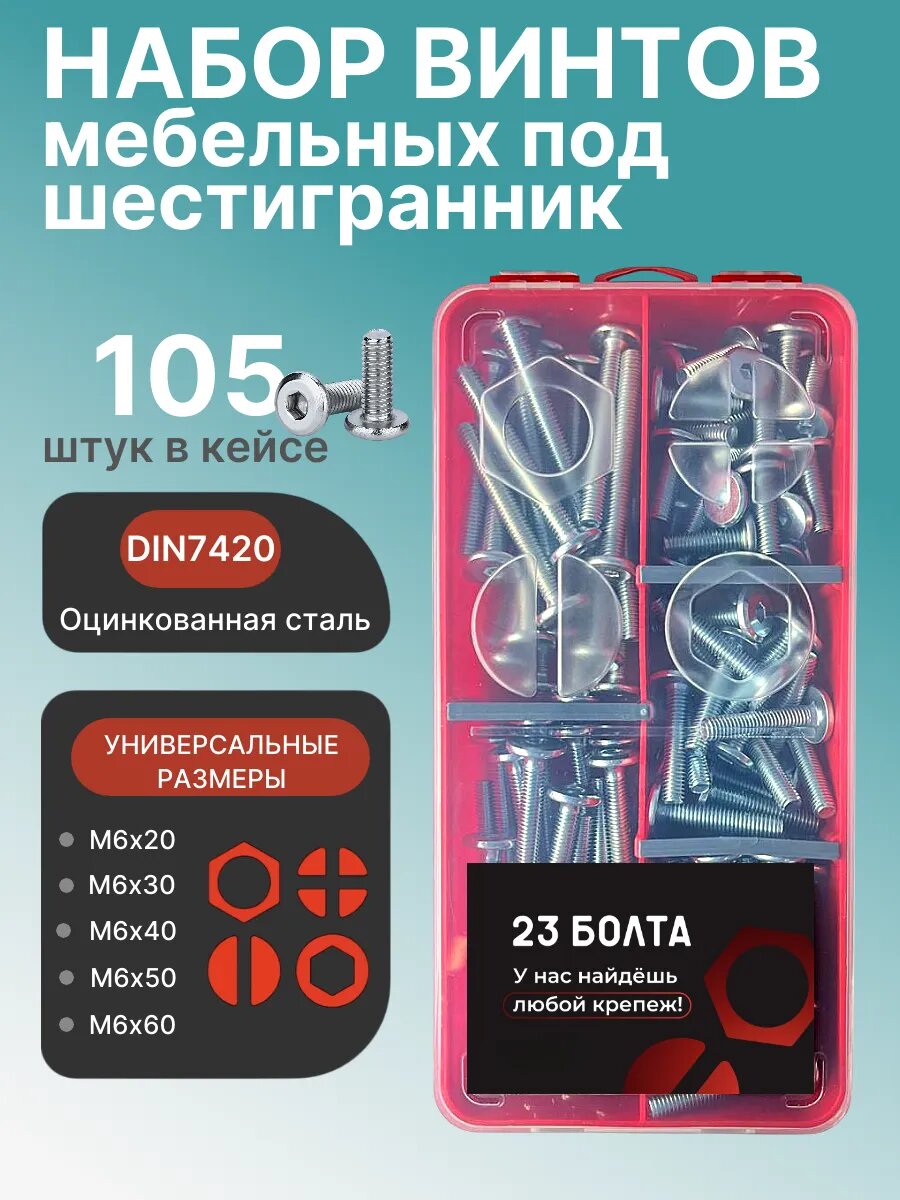 Винты мебельные М6 DIN7420 в органайзере набор 2