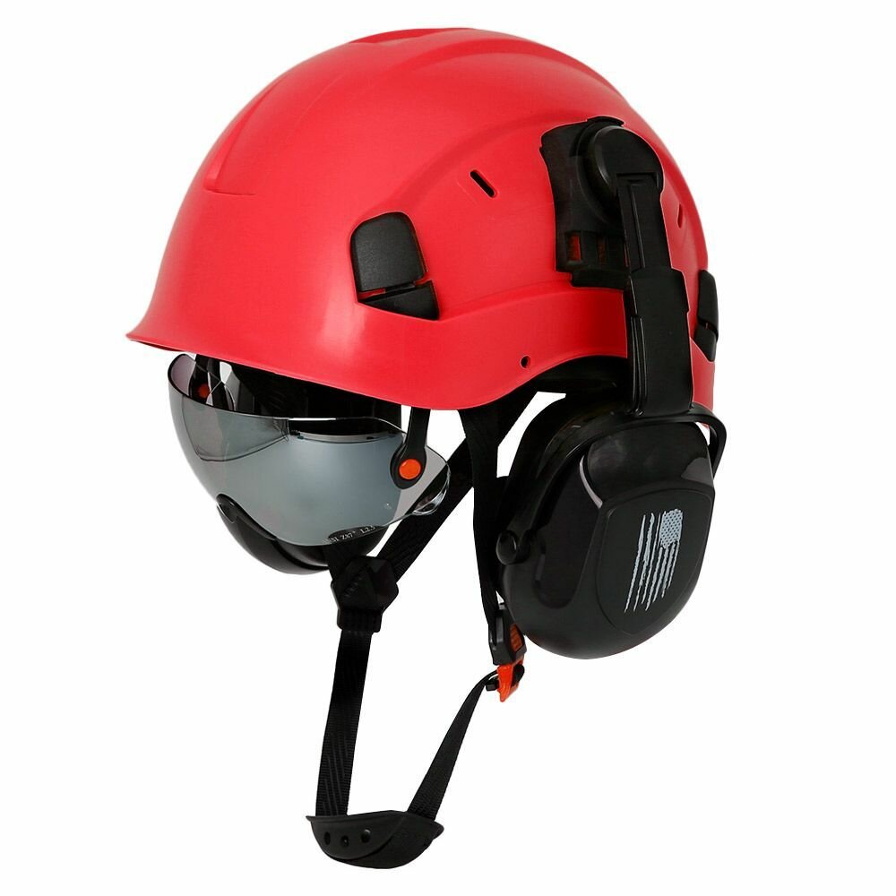 Строительная каска (защитный шлем) с противошумными наушниками и встроенными регулируемыми солнцезащитными очками