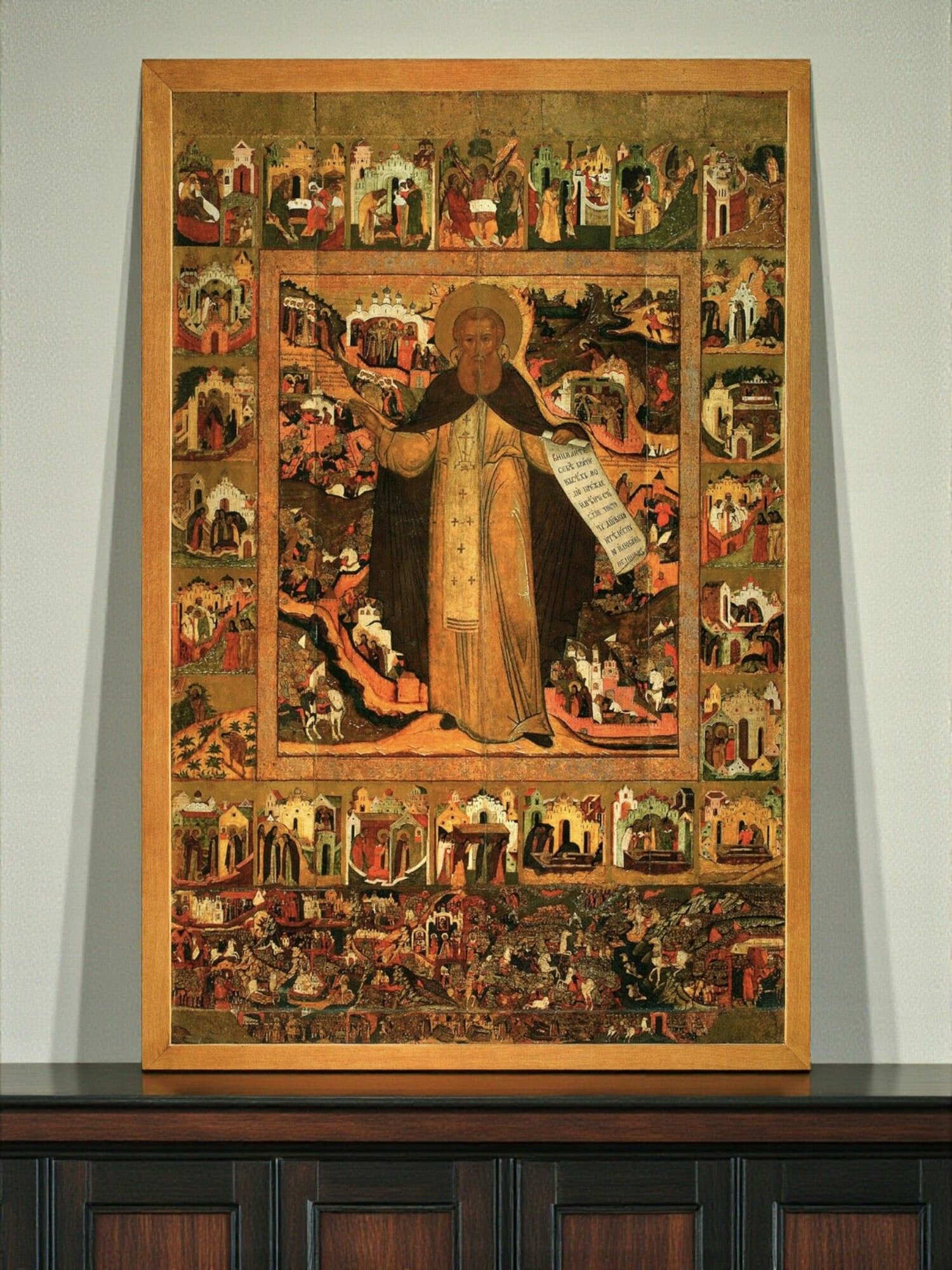 Сергий Радонежский святой преподобный игумен с житием и Куликовской битвой. Деревянная икона на левкасе (33 см)