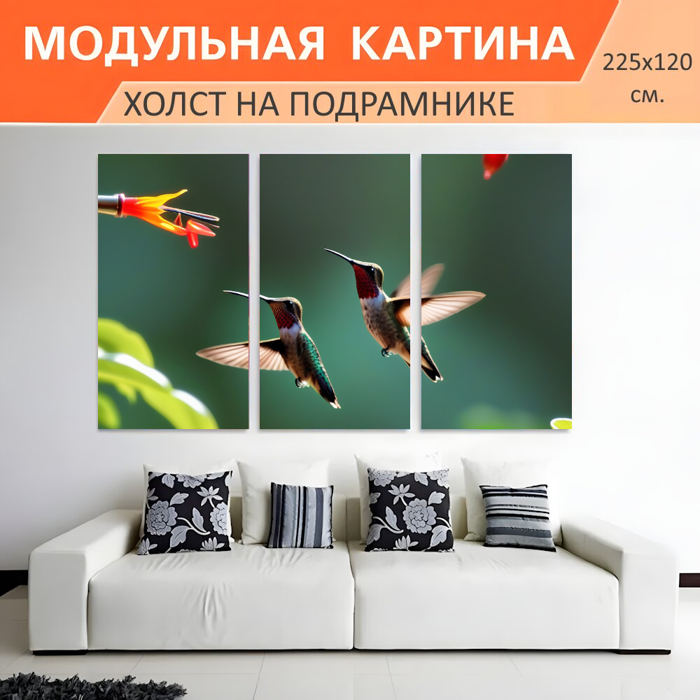 Модульная картина на холсте "Две зеленых колибри птицы" триптих на подрамнике 225х120 см. для интерьера