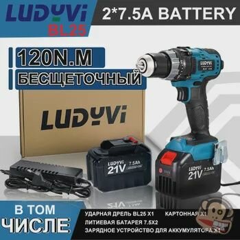 LUDYVI 21V Шпиндель самоблокирующийся бесщеточный электродрель, супер крутящий момент 120N. M шуруповерт для ледобура, включая 2 батареи 7.5A