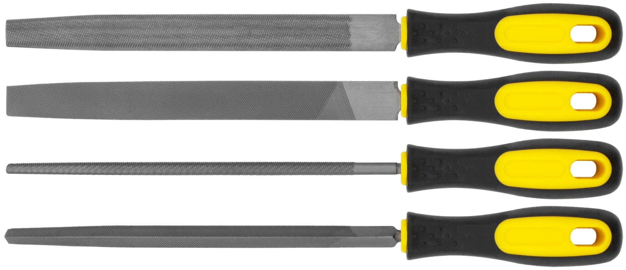 Напильники, прорезиненная ручка, набор 4 шт. (трехгранный, плоский, круглый, полукруглый ) 200 мм