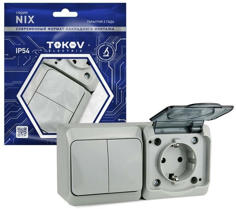 Блок ОП Nix (розетка 16А 250В с заземл. + 2-кл. выкл. 10А) IP54 сер. TOKOV ELECTRIC TKE-NX-V2RZ-C06T-IP54
