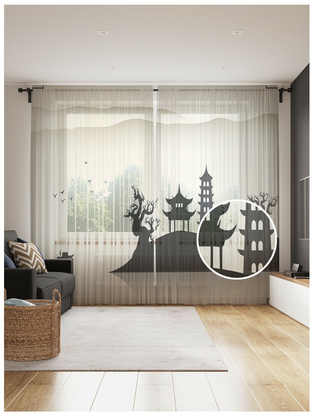 Тюль, фототюль длинный "Китайская пагода на острове" высота 265 см, ширина 145 см (по 2 полотна), JoyArty