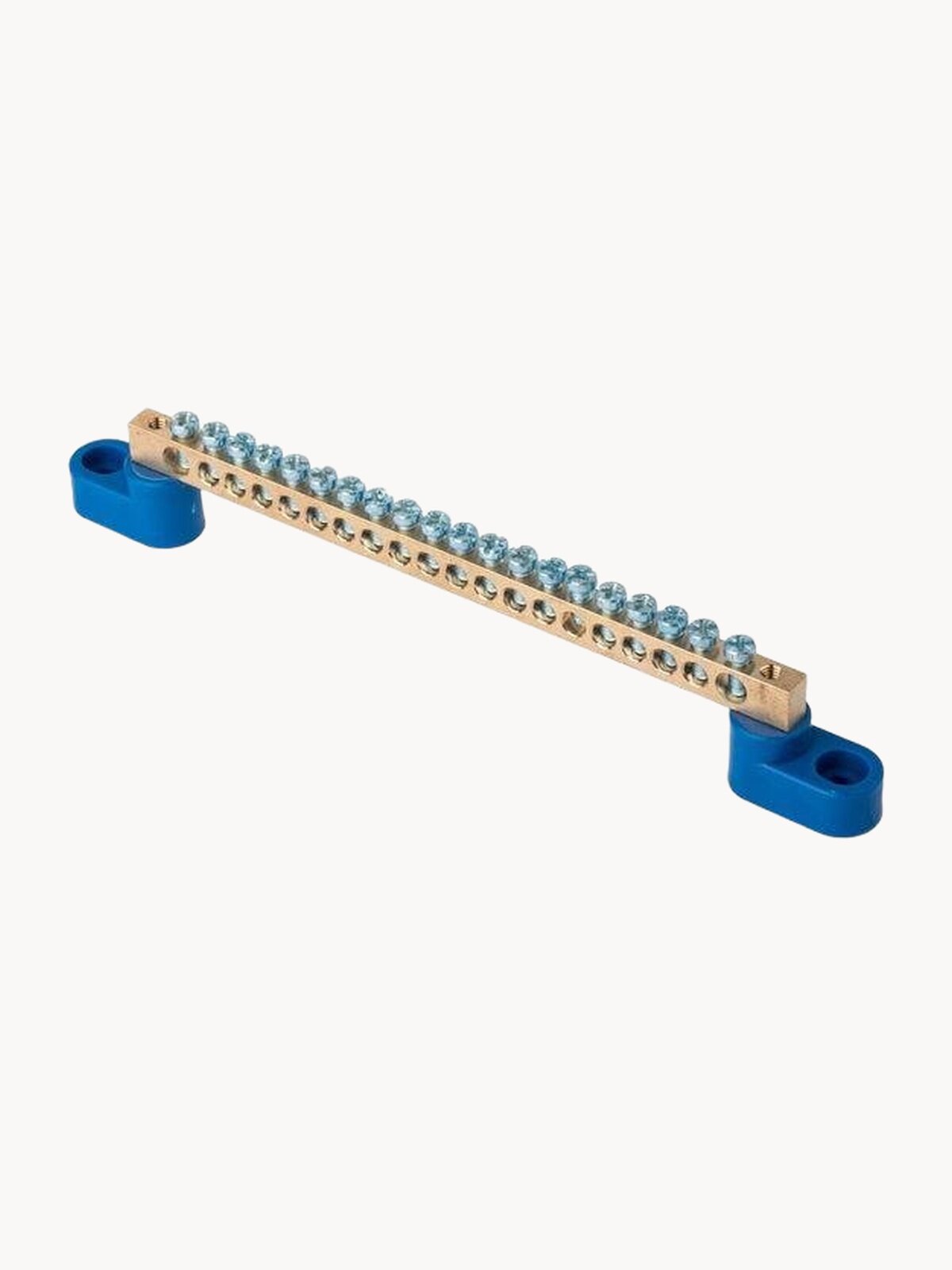 Шина нулевая EKF "0" N, 6x9мм, 20 отверстий по 4 и 6 мм - сечение 1,5-25 кв. мм, латунь, 2 синих угловых изолятора р/у