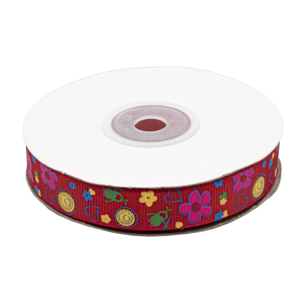 Лента декоративная, упаковочная, репсовая, 1,5 см х 22,86 м, рисунок 'Сердечки и цветы', цвет красный