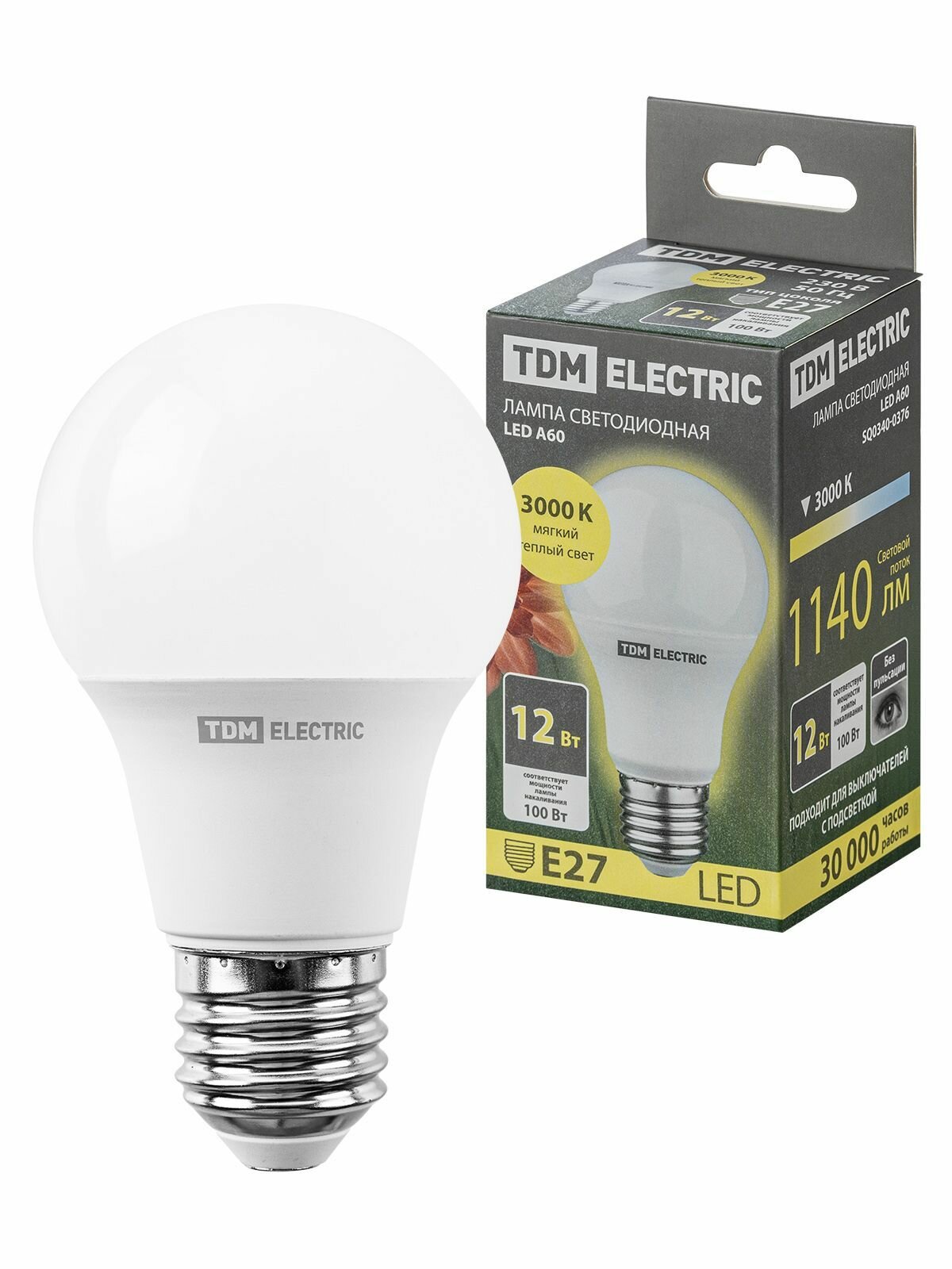 Лампа светодиодная А60 12 Вт, 230 В, 3000 К, E27 TDM Electric