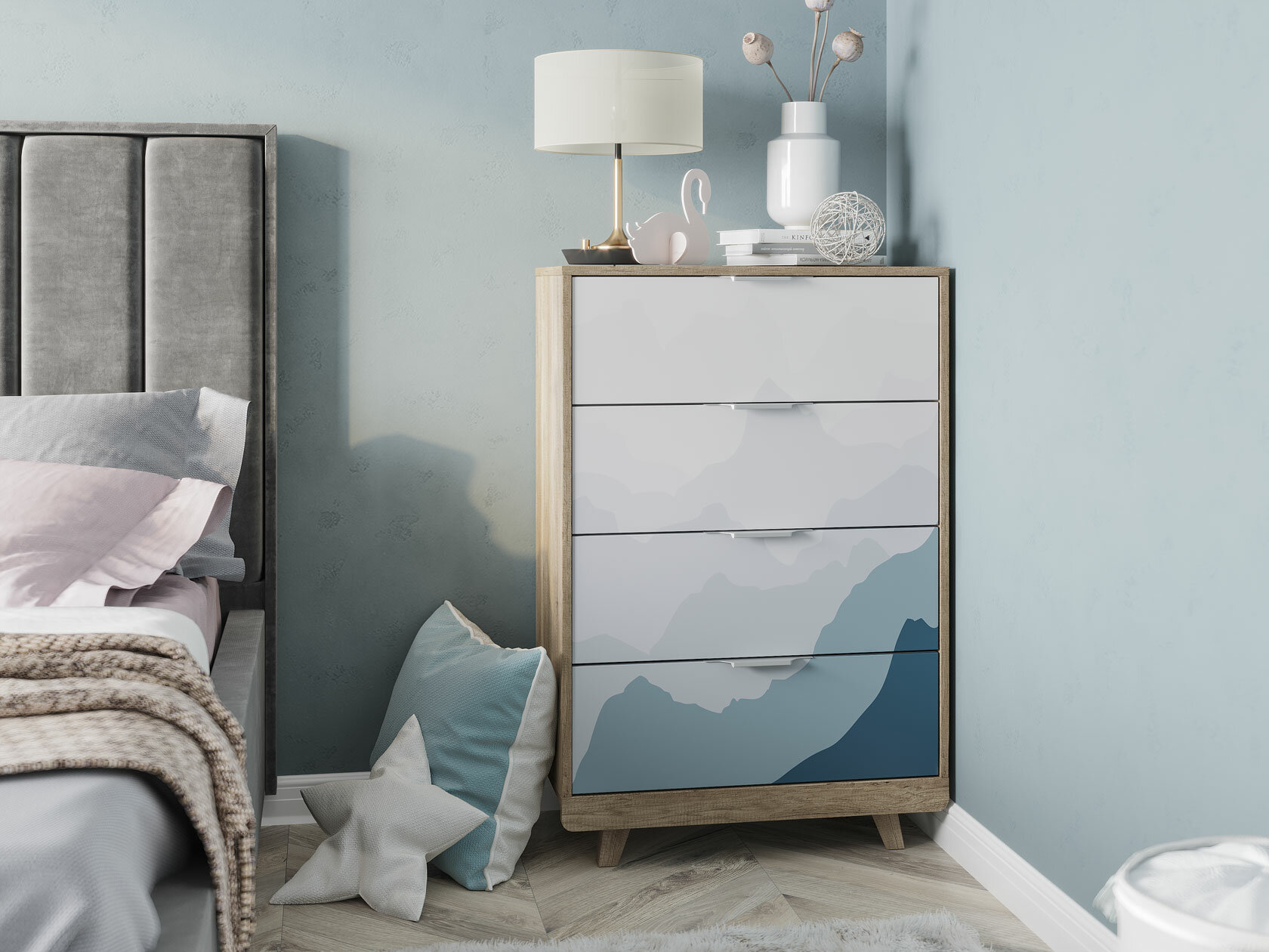 Комод для одежды и хранения вещей Мегаполис с ящиками, 70х40.4х105.2 см, Дуб Каньон / Фотопечать Аква