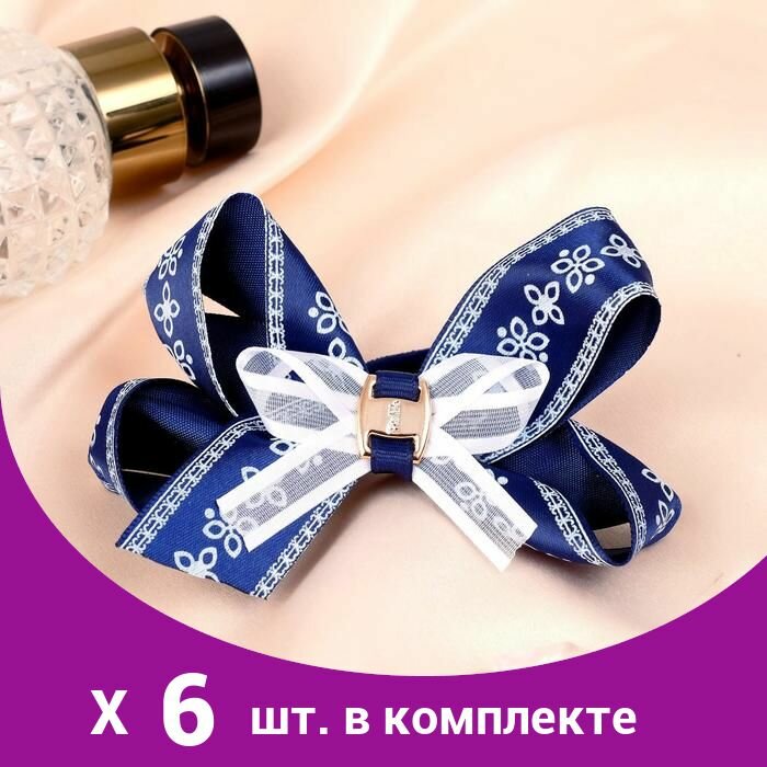 Резинка для волос бант 'Школьница' d-8 см, синяя, цветочный орнамент (6 шт)