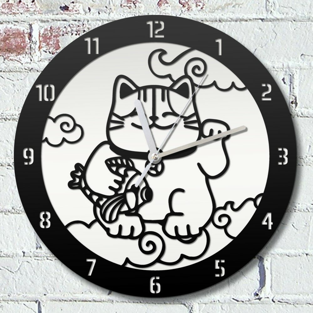 Настенные деревянные бесшумные часы эстетика Манэки Нэко (Япония, кот, удача, богатство, Азия, фэн шуй) - 5136