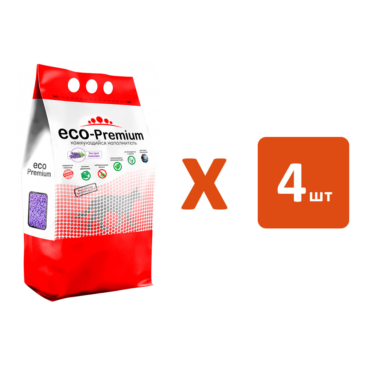 ECO-PREMIUM лаванда наполнитель древесный комкующийся для туалета кошек с ароматом лаванды (1,9 кг х 4 шт)