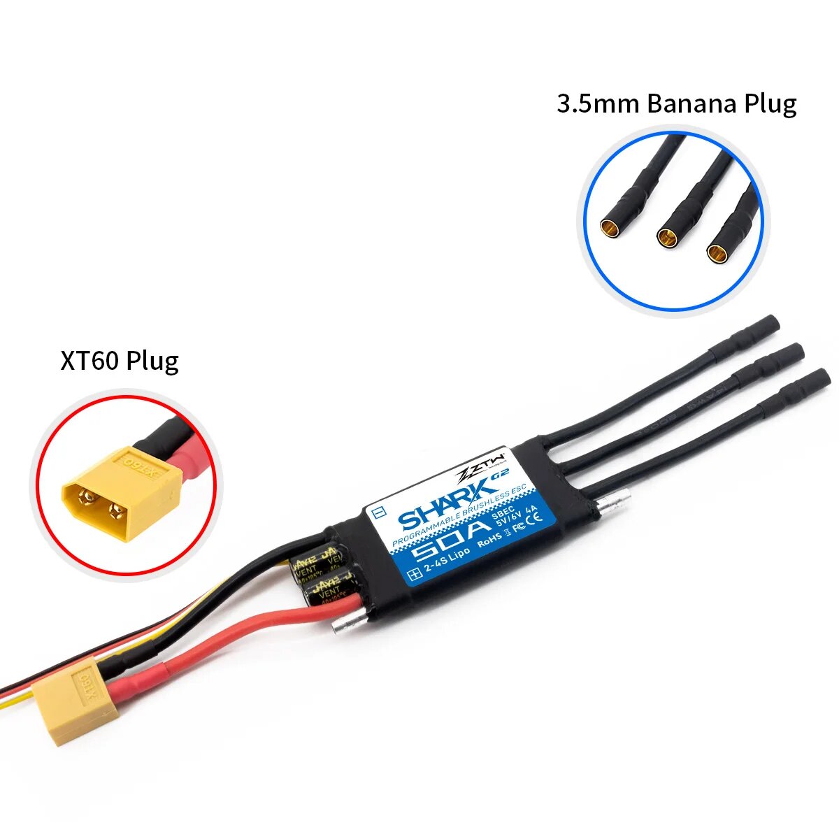 ZTW ESC Shark 20A/30A/40A/50A/60A/80A/100A G2 контроллер скорости для RC лодки Черный, 50A with XT60 Plug