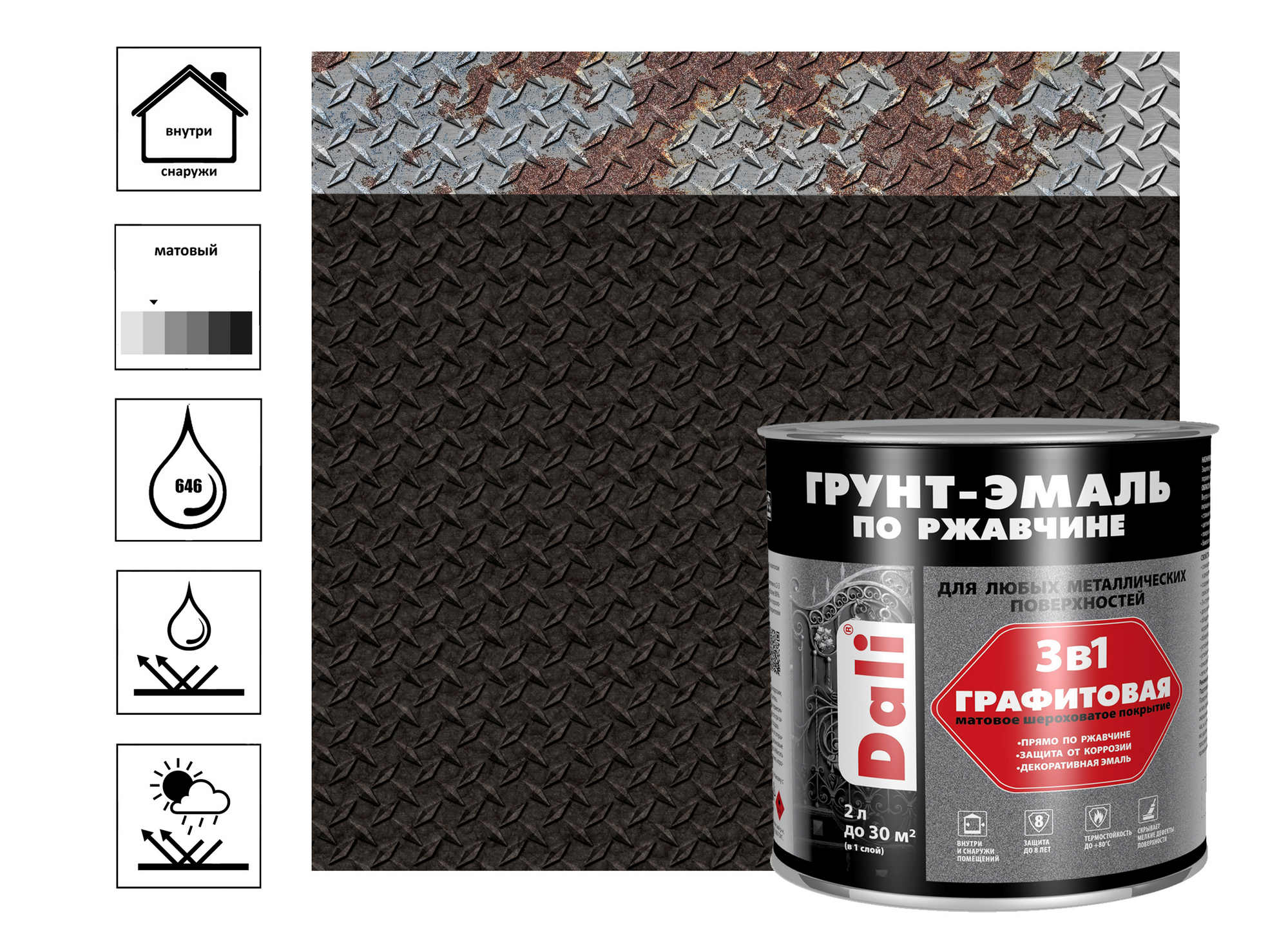 Грунт-эмаль Dali по ржавчине 3 в 1 графитовая, коричневый, 2 л