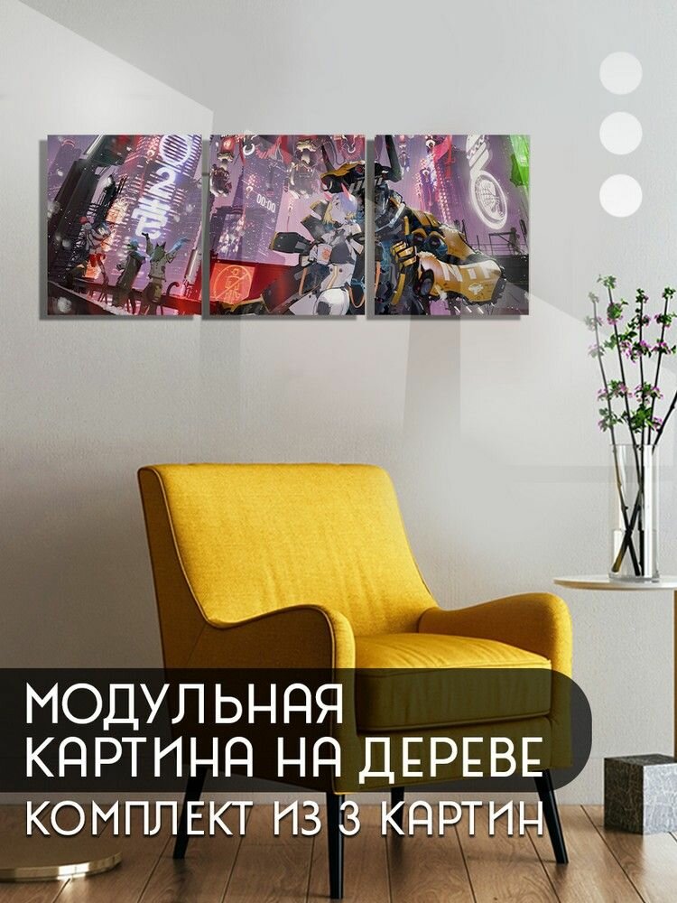 Модульная картина на дереве 66x24 см квадратные Новый Год Иллюстрация (Рождество, киберпанк, технологии, роботы) - 602