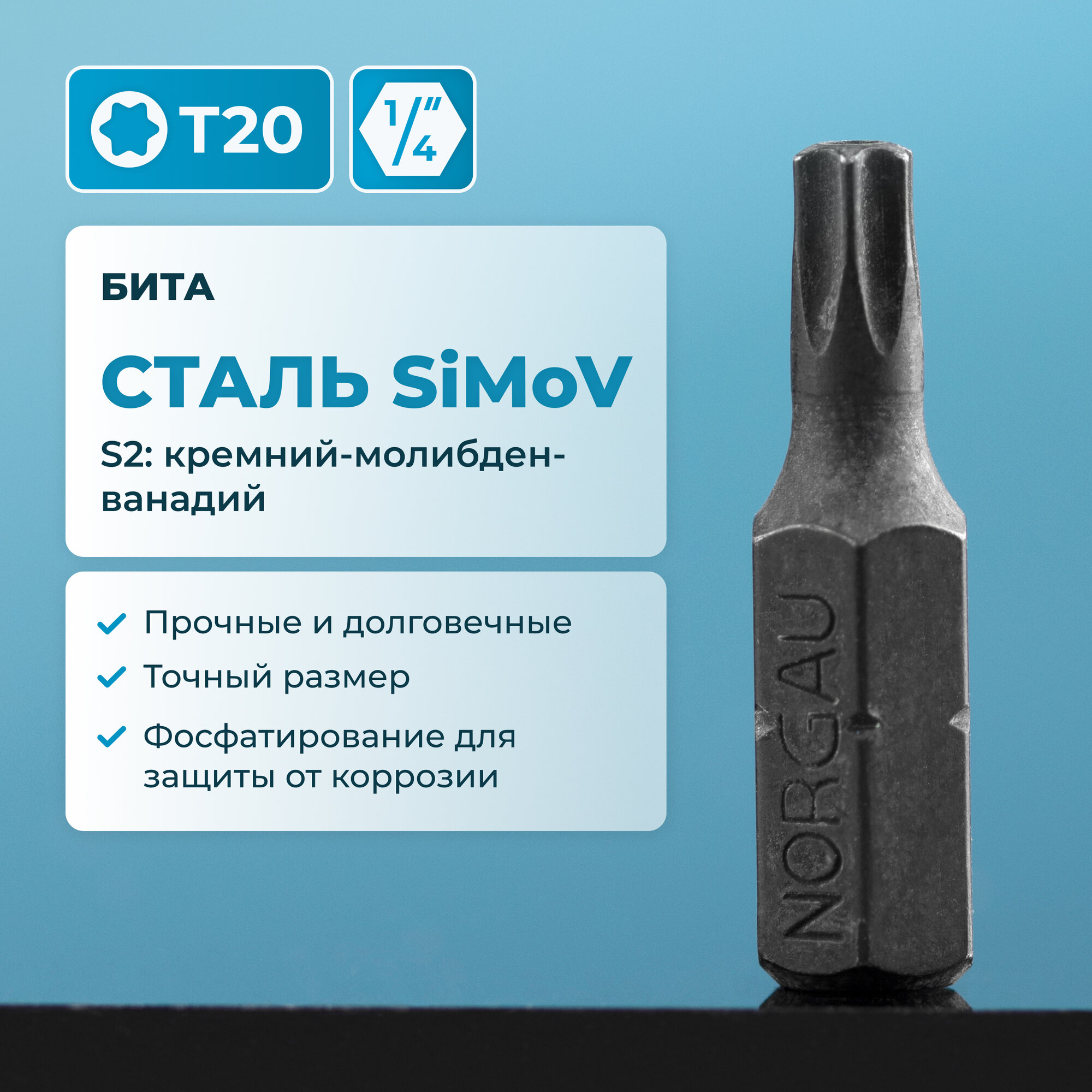 Бита Torx T20 NORGAU Industrial из высокопрочной SiMoV стали S2, под шестигранник 1/4"