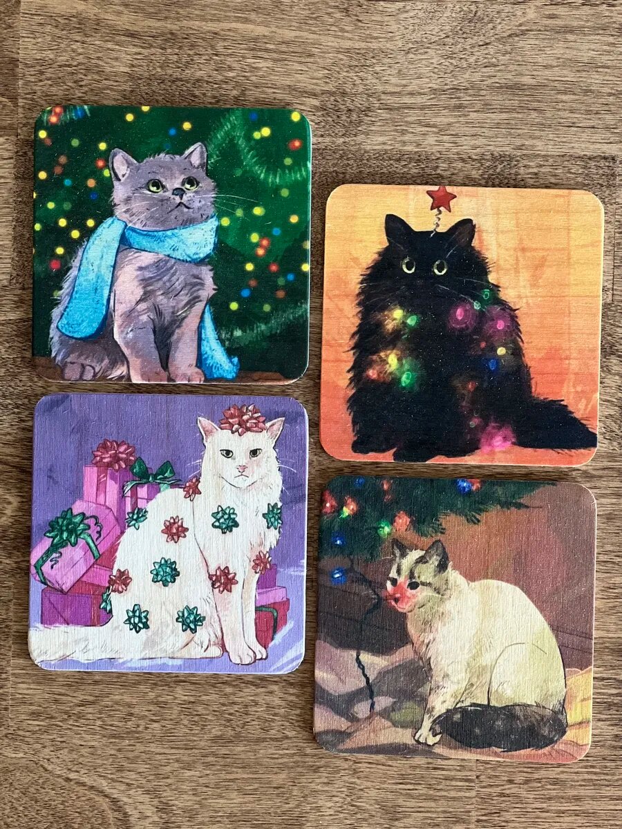 Подставка под кружку и стаканы новый год Коты 4 шт