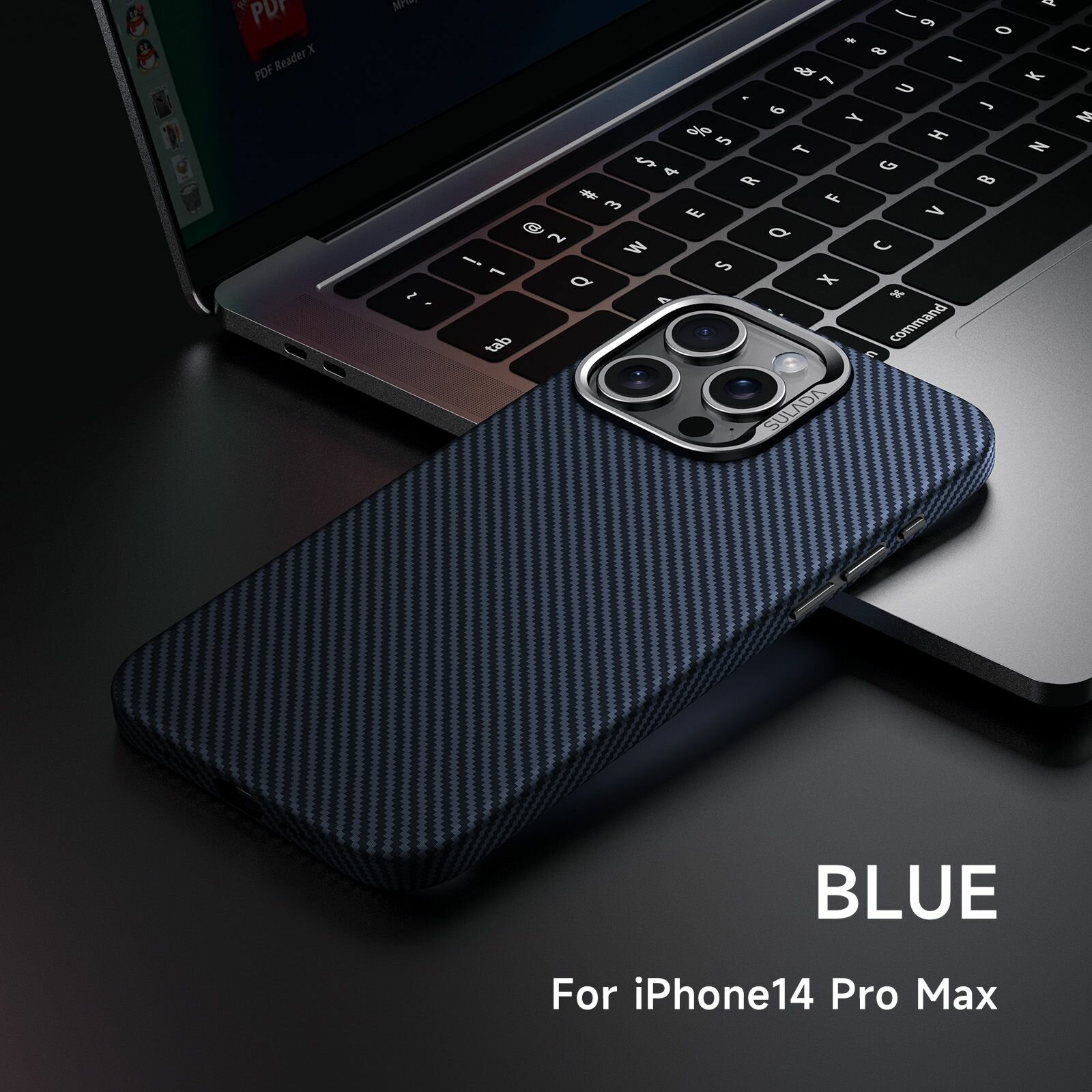 SULADA Роскошное кожаный MagSafe Чехол для iPhone 14 Pro Max (Айфон 14 Про Макс) из текстурированной кожи из углеродного волокна