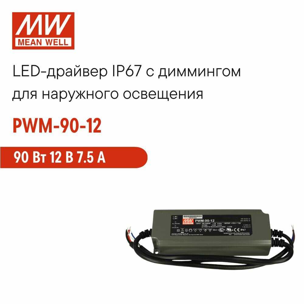 PWM-90-12 MEAN WELL, LED-драйвер для светодиодных лент с диммингом 90 Вт 12 В 7.5 А