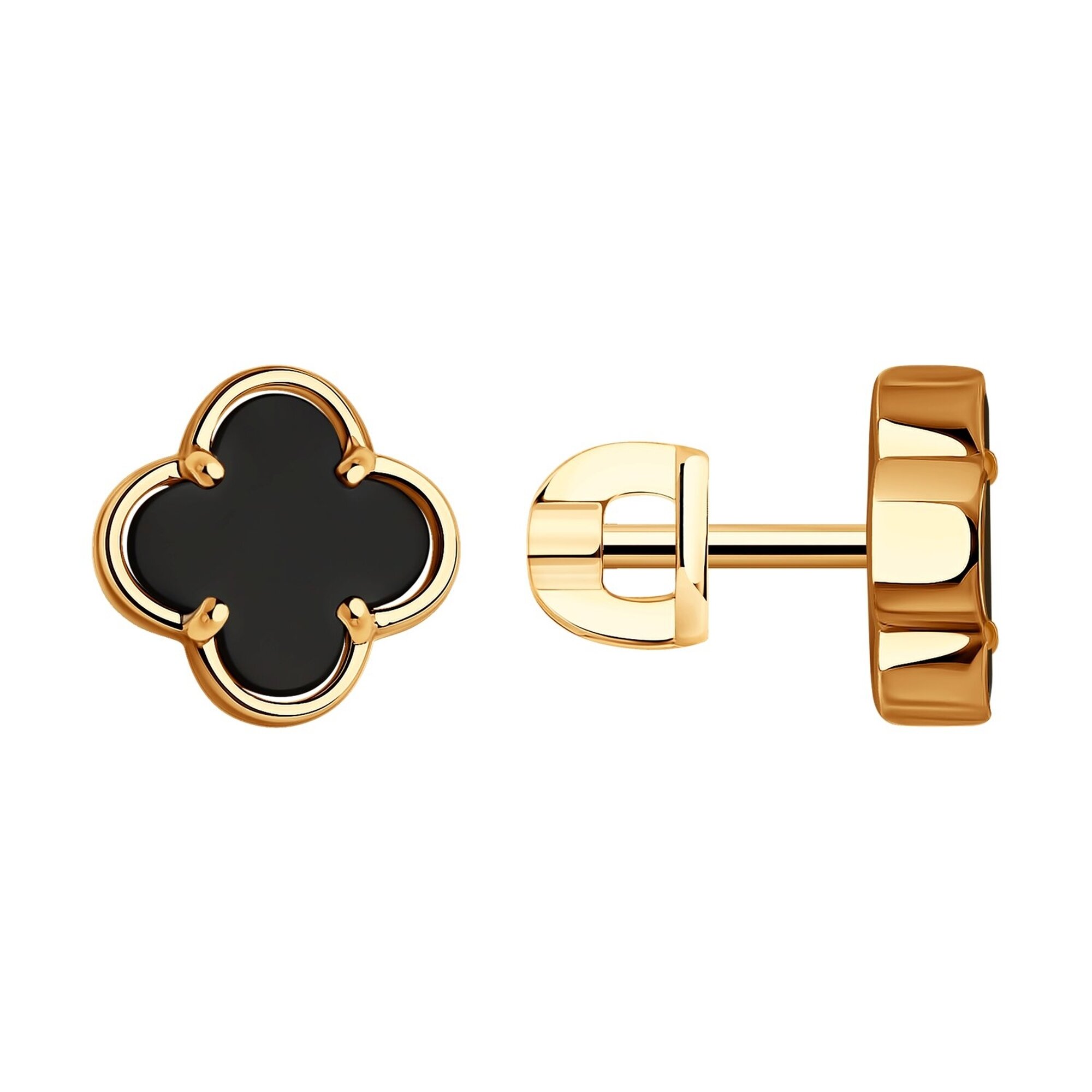 Серьги пусеты, красное золото, 585 проба, оникс