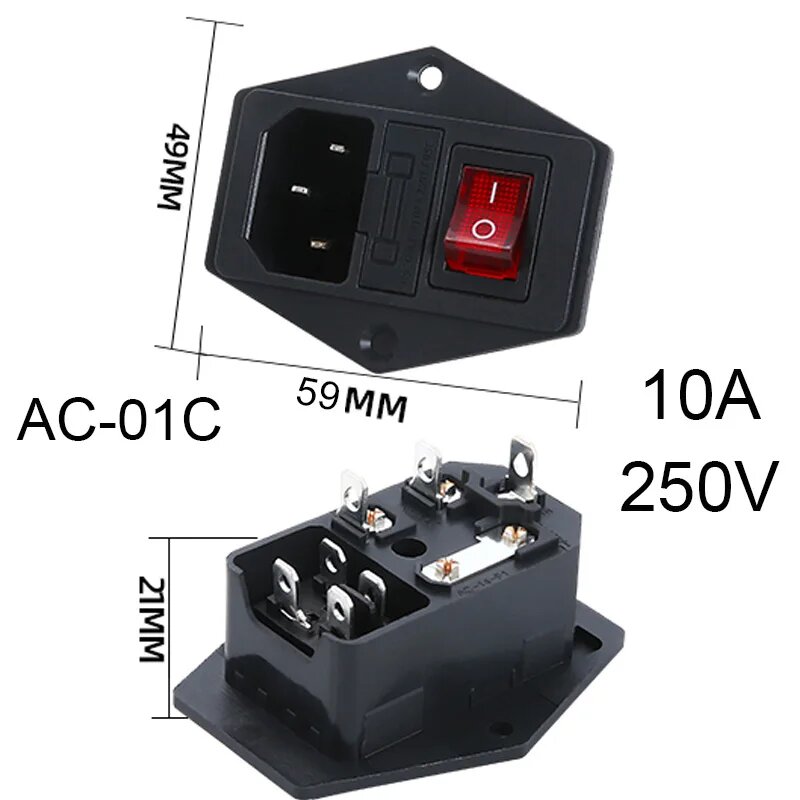 IEC320 C14 розетка с выключателем, 10A 250V, AC-01C, черный