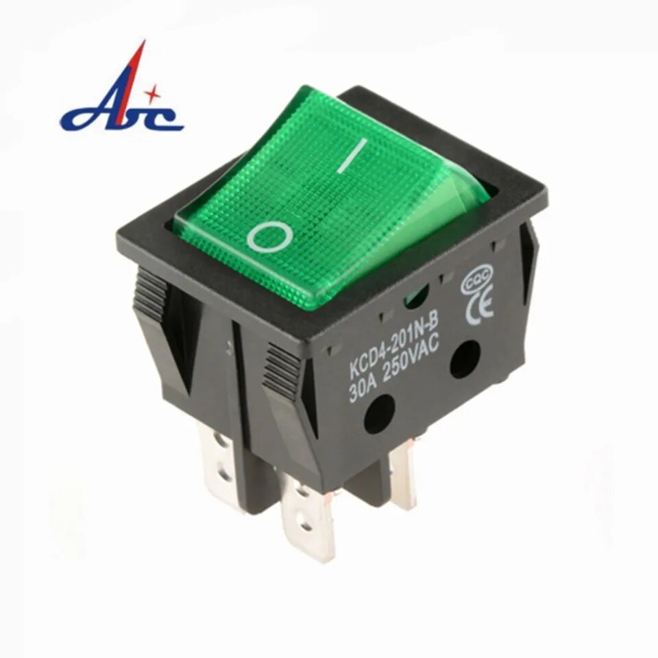 Кулисный переключатель KCD4-201 с подсветкой, Green, 220V 15A