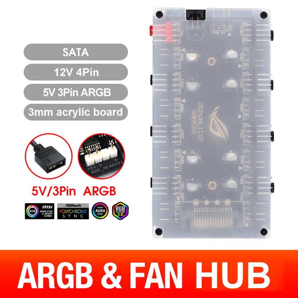 Разветвитель вентиляторов и RGB ALLOYSEED 1-8, 5V3PIN SATA Shell