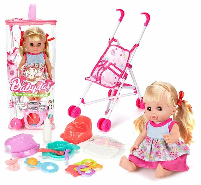 Кукла 32см (12 звуков) в голубом платье с аксессуарами: соска