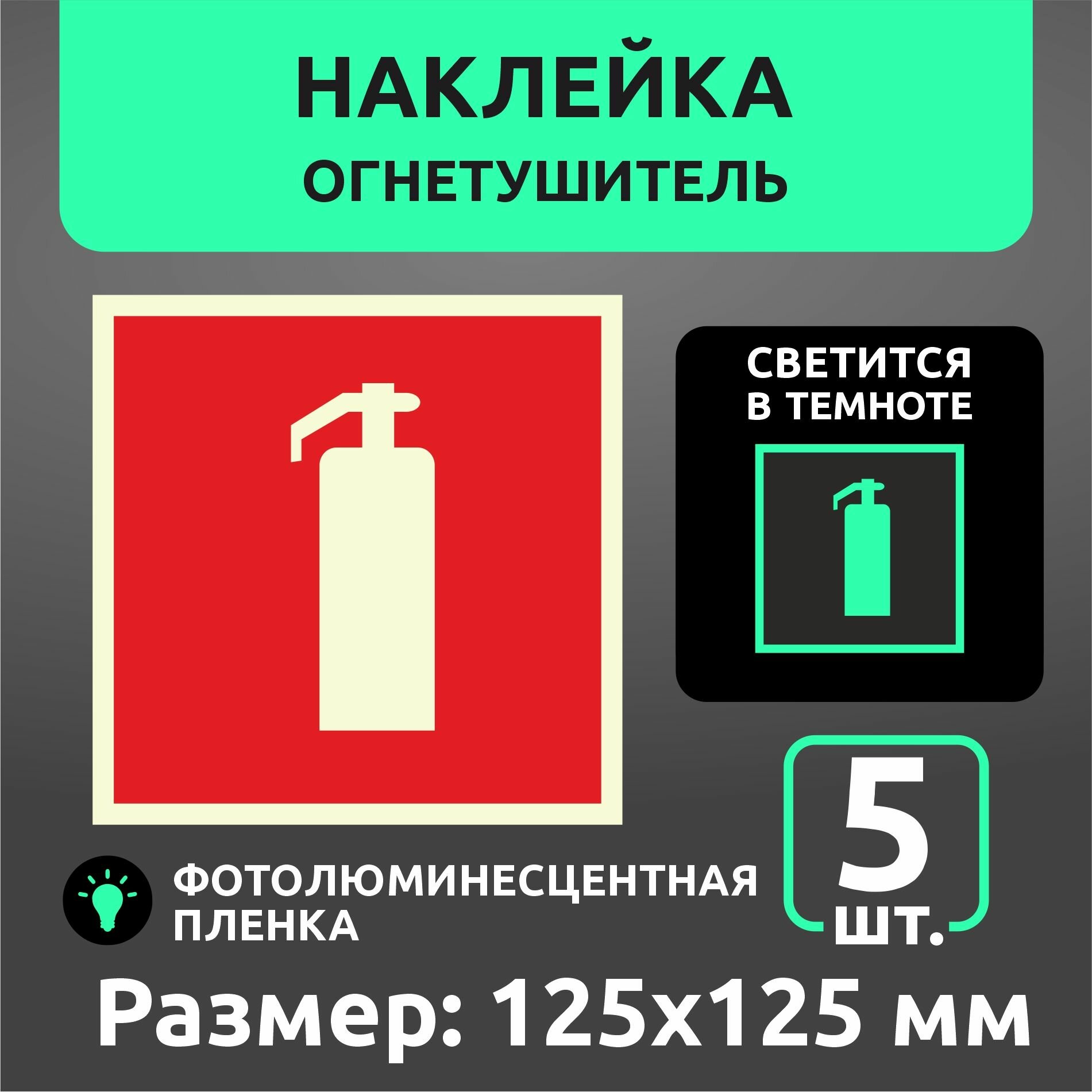 Пожарные наклейки светонакопительные F04 "Огнетушитель"125 х 125 мм 5 шт