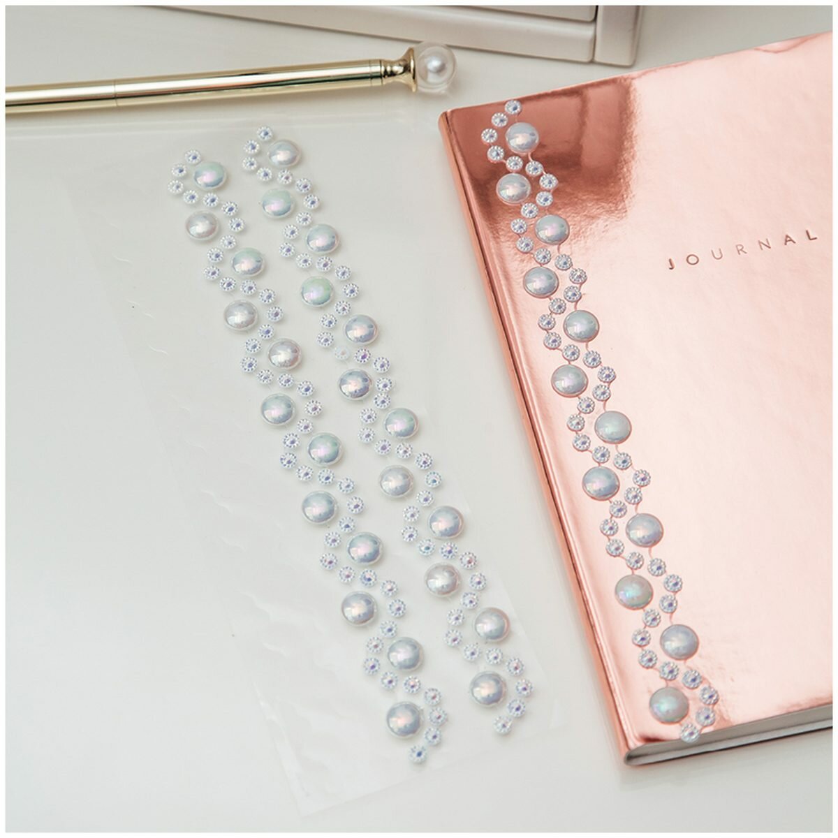 Наклейки акриловые MESHU "White pearls", 25x7см, стразы, 177 наклеек, инд. уп, европодвес (MS_36658), 20 уп.