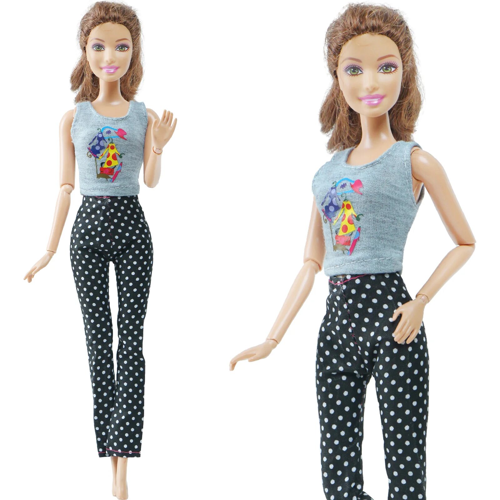 Комплект одежды для куклы Barbie: серый топ с принтом и штаны в горошек