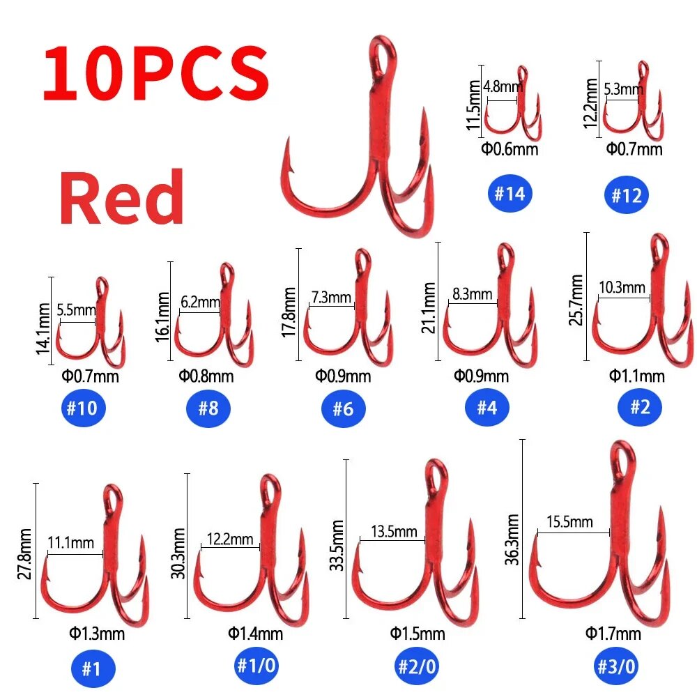 10PCS Красные тройные крючки для рыбалки Size 1
