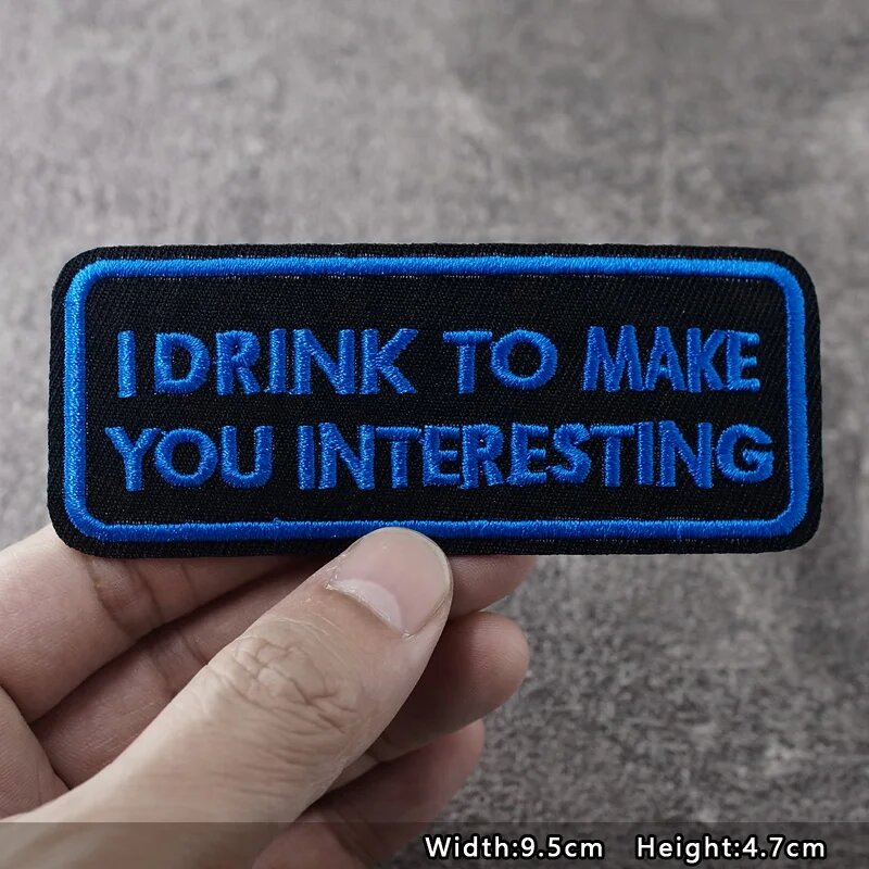Нашивка "I Drink to Make You Interesting" темно-синяя, 9.5x4.7 см