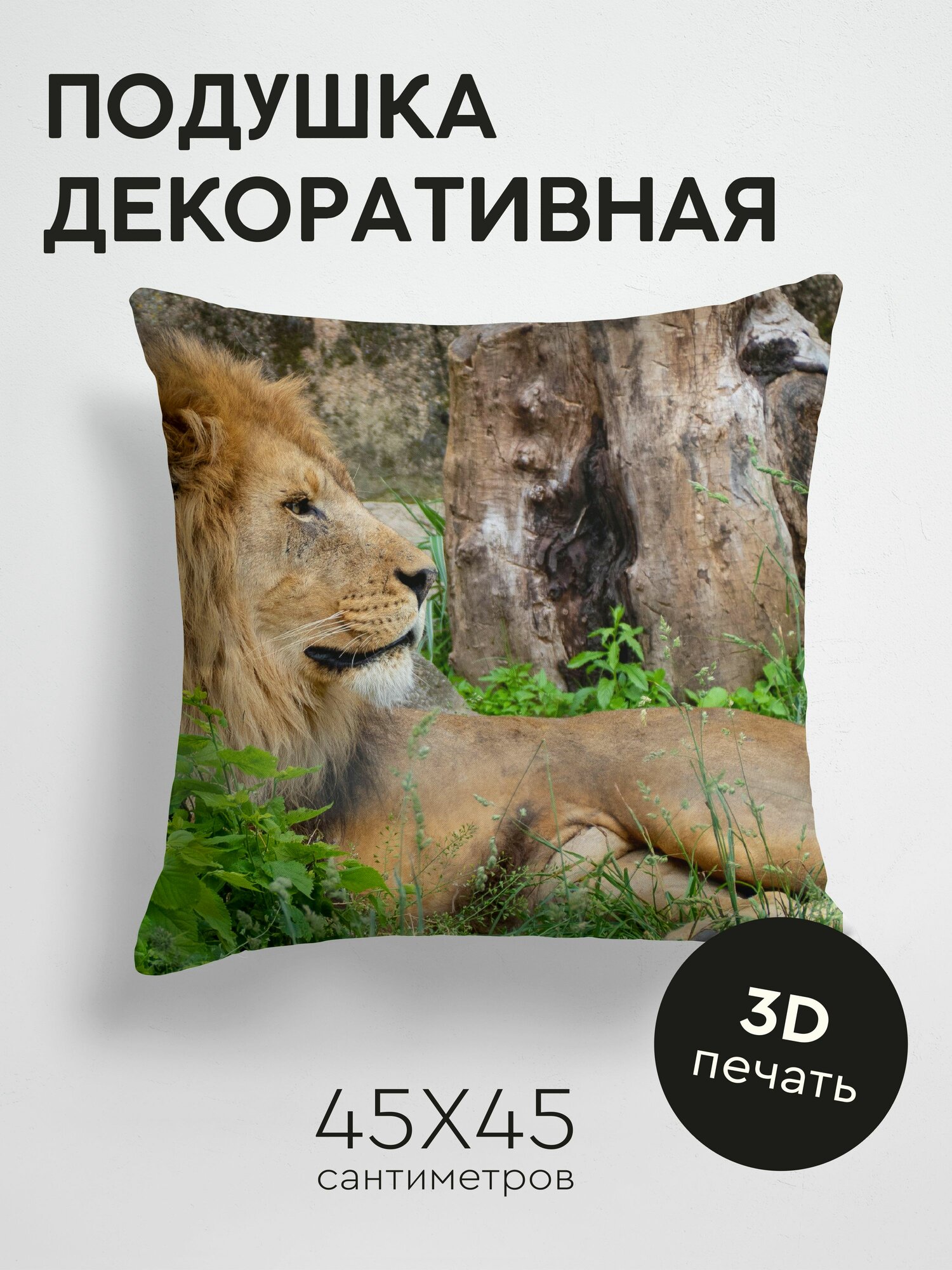 Подушка декоративная, 45x45см / Животные / лев / царь зверей / большая кошка / животное