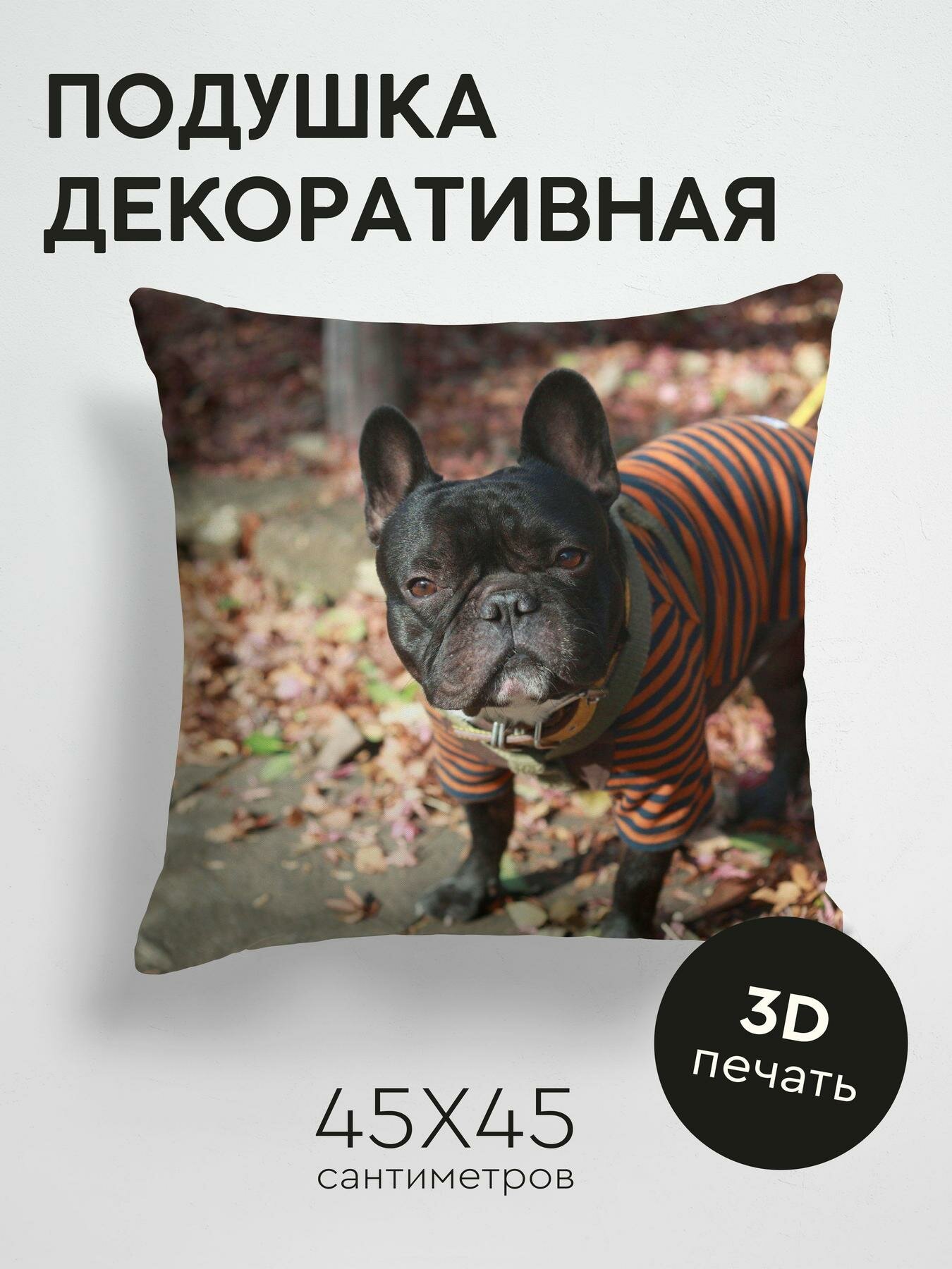 Подушка декоративная, 45x45см / Животные / французский бульдог / поводок / улица / собака
