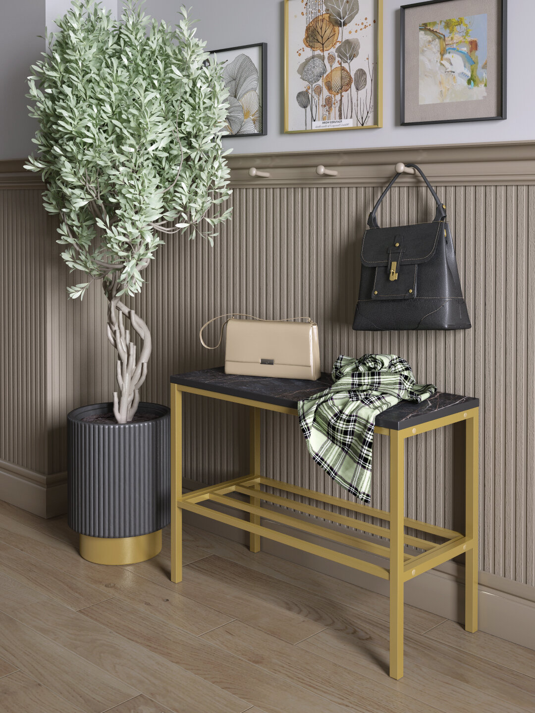 Банкетка в прихожую в стиле лофт черный мрамор/золотой