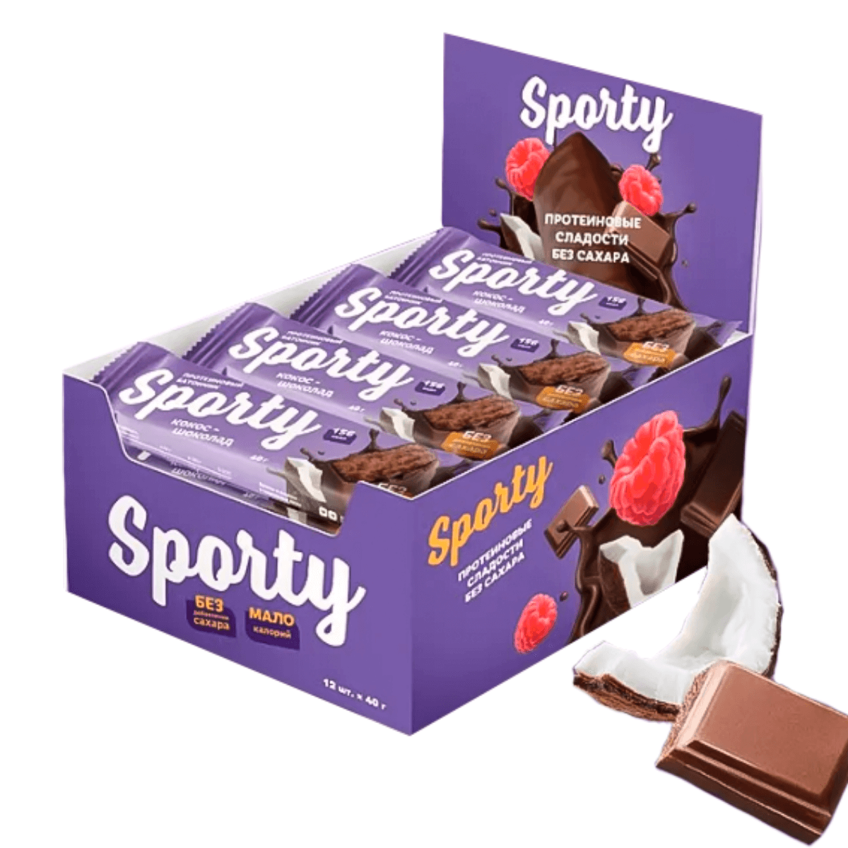Протеиновый батончик глазированный без сахара, Кокос-шоколад, 12шт*40г, SPORTY