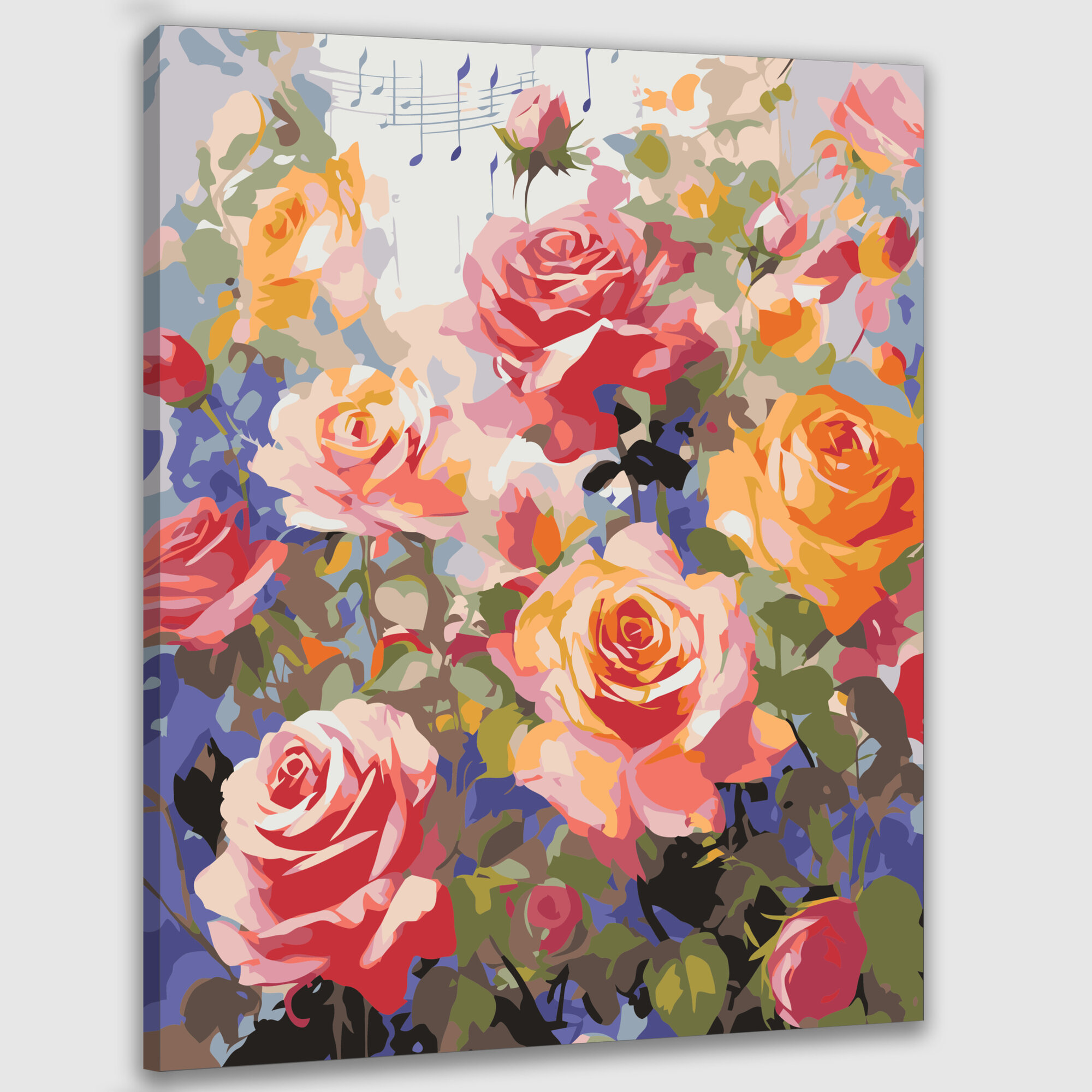 Картина по номерам 40x50 см, розовый сад, множество роз, разноцветные розы, яркий цвет, полный цвет, музыкальные ноты