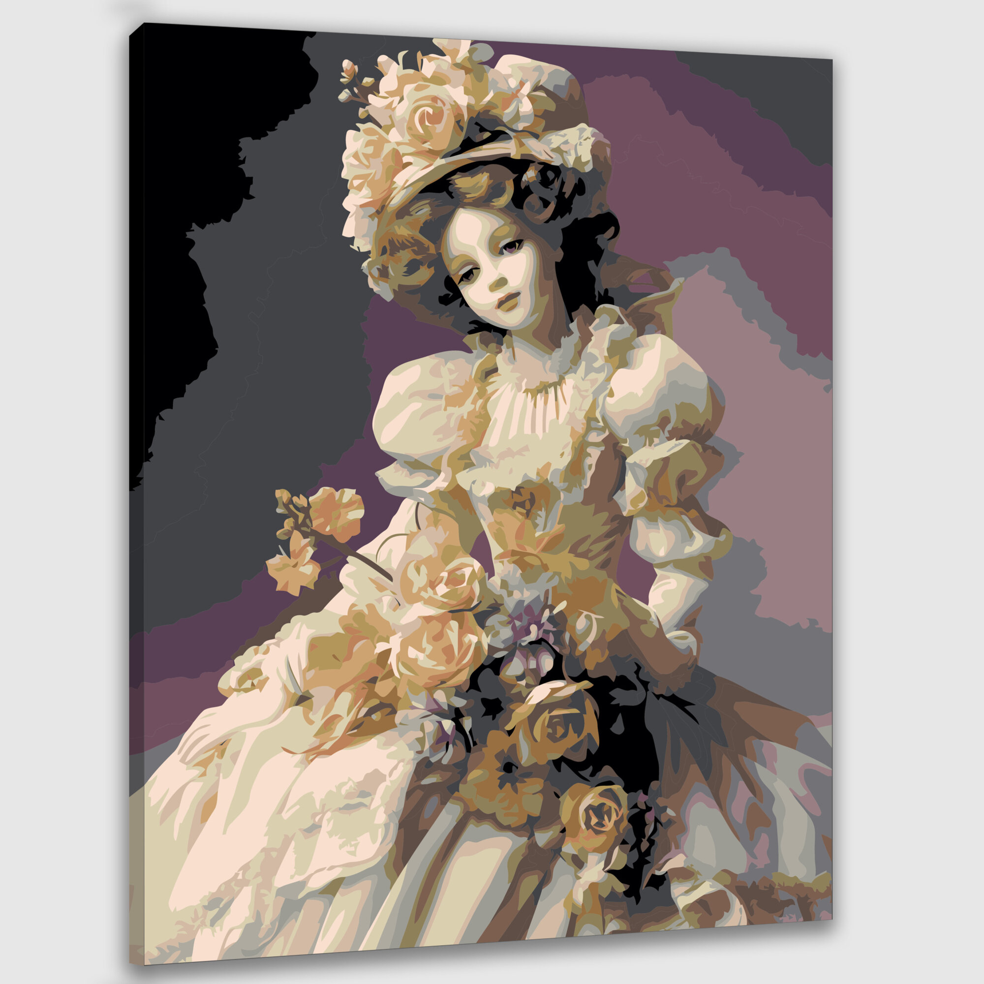 Картина по номерам 40x50 см, фотография, фарфоровая кукла, винтажное платье, букет цветов, мягкое освещение