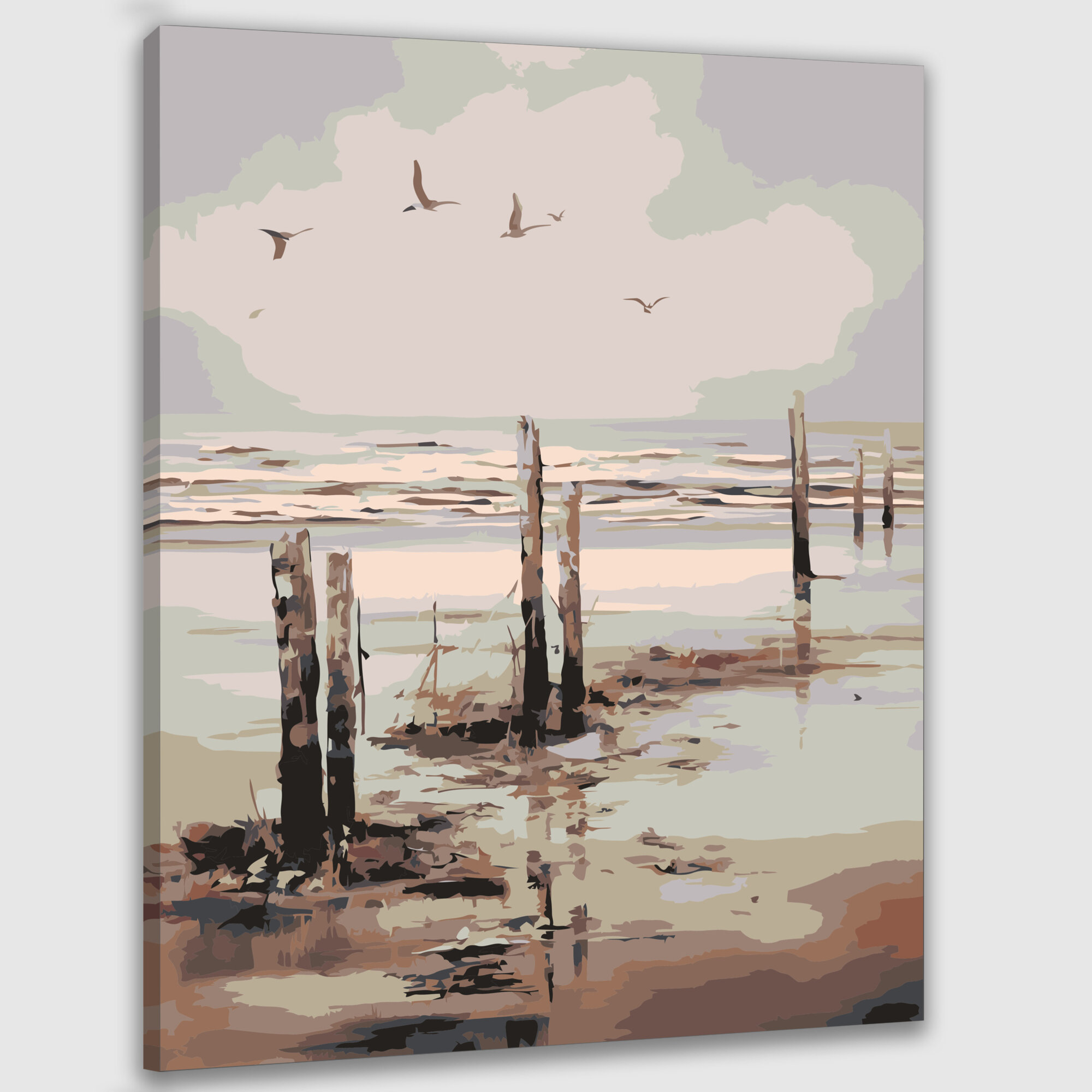 Картина по номерам 40x50 см, картина, масло, пустынный пляж, ветры, чайки, заброшенные причалы, цветовая палитра