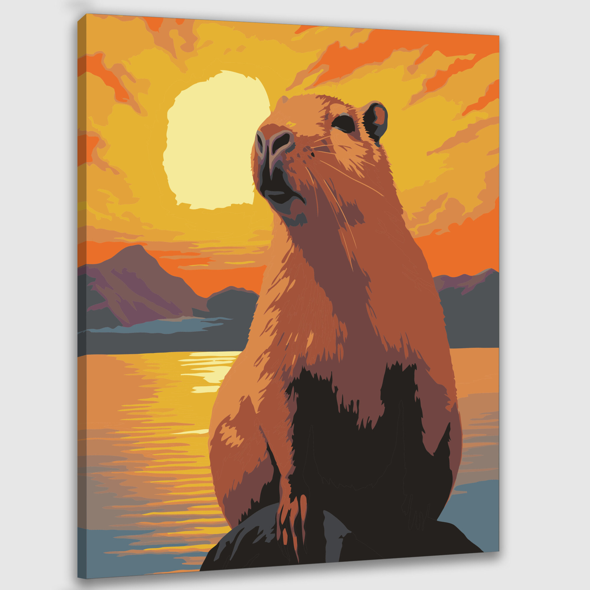Картина по номерам 40x50 см, картина маслом, капибара, золотистые лучи, закат, умиротворение, спокойствие