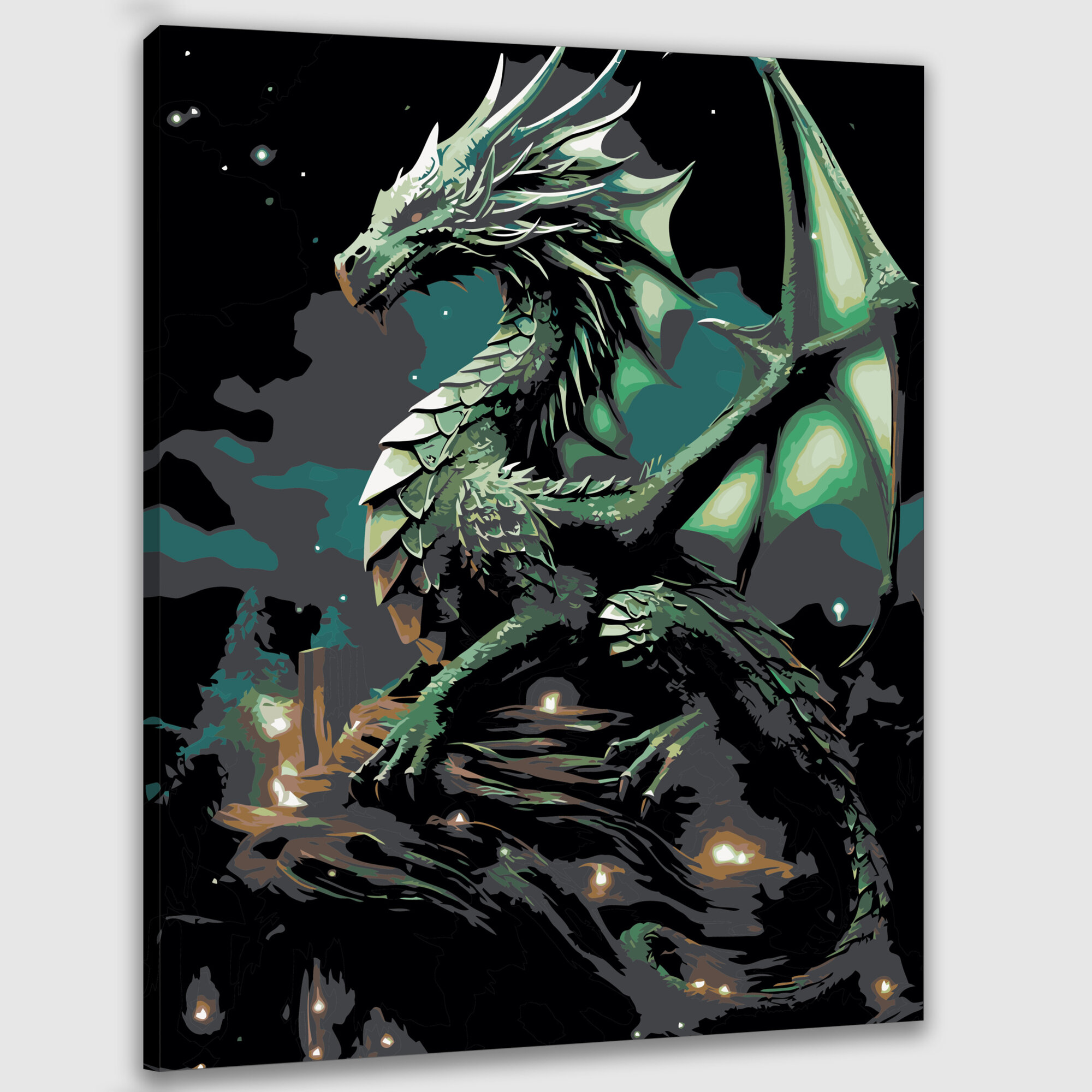 Картина по номерам 40x50 см, цифровое изображение, дракон, зеленое дерево, звездное ночное небо, свет и тень, детали