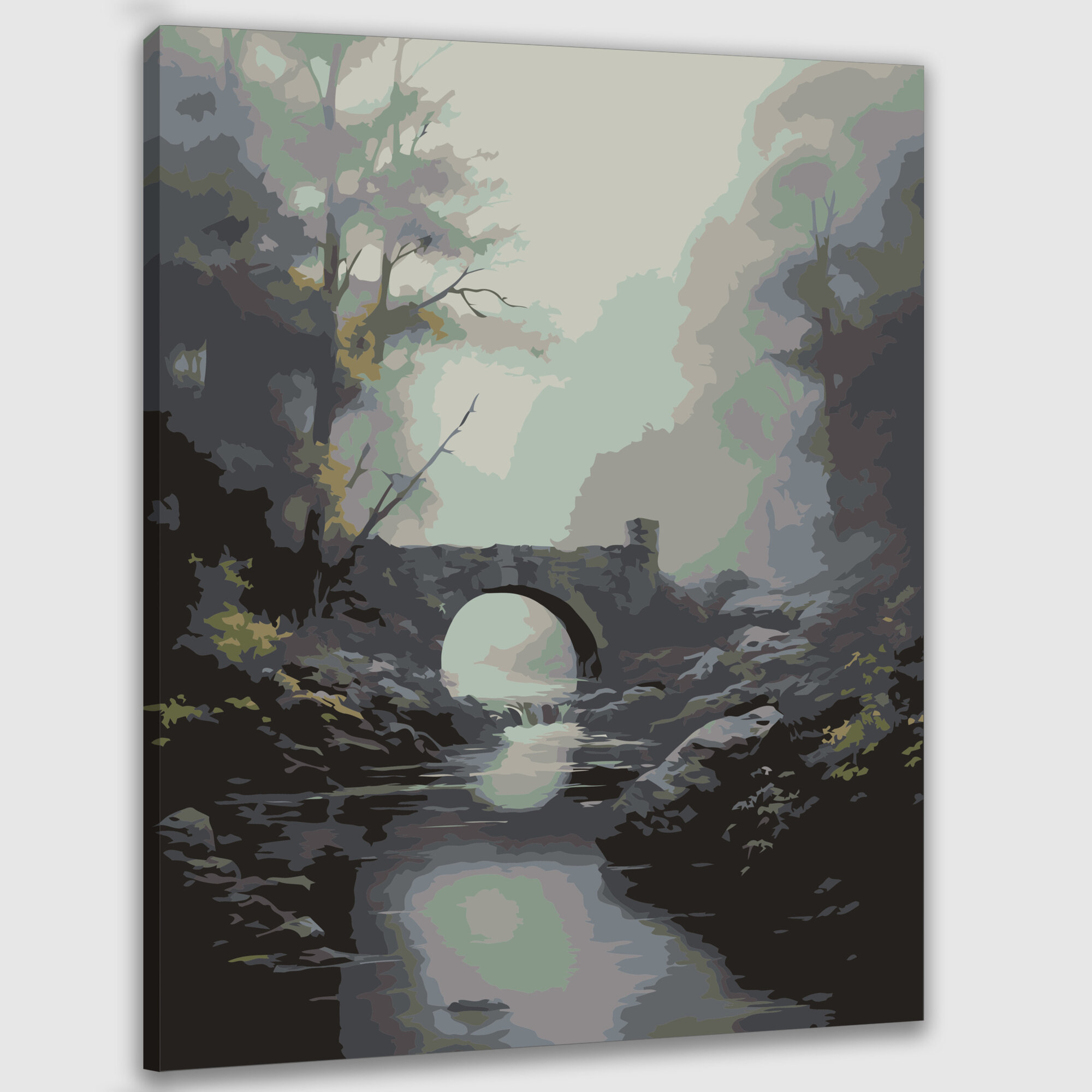 Картина по номерам 40x50 см, туманное утро, каменный мост, река, мистическая красота, мягкий свет