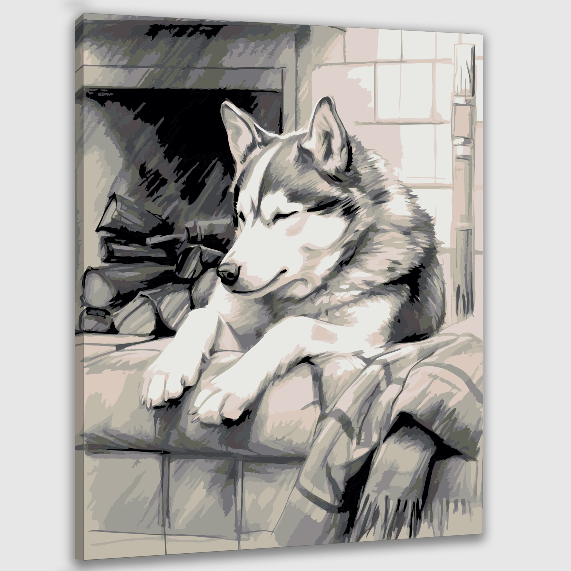 Картина по номерам 40x50 см, картина, набросок углем, хаски, зимний домик, калачиком, глаза закрыты, мирный сон