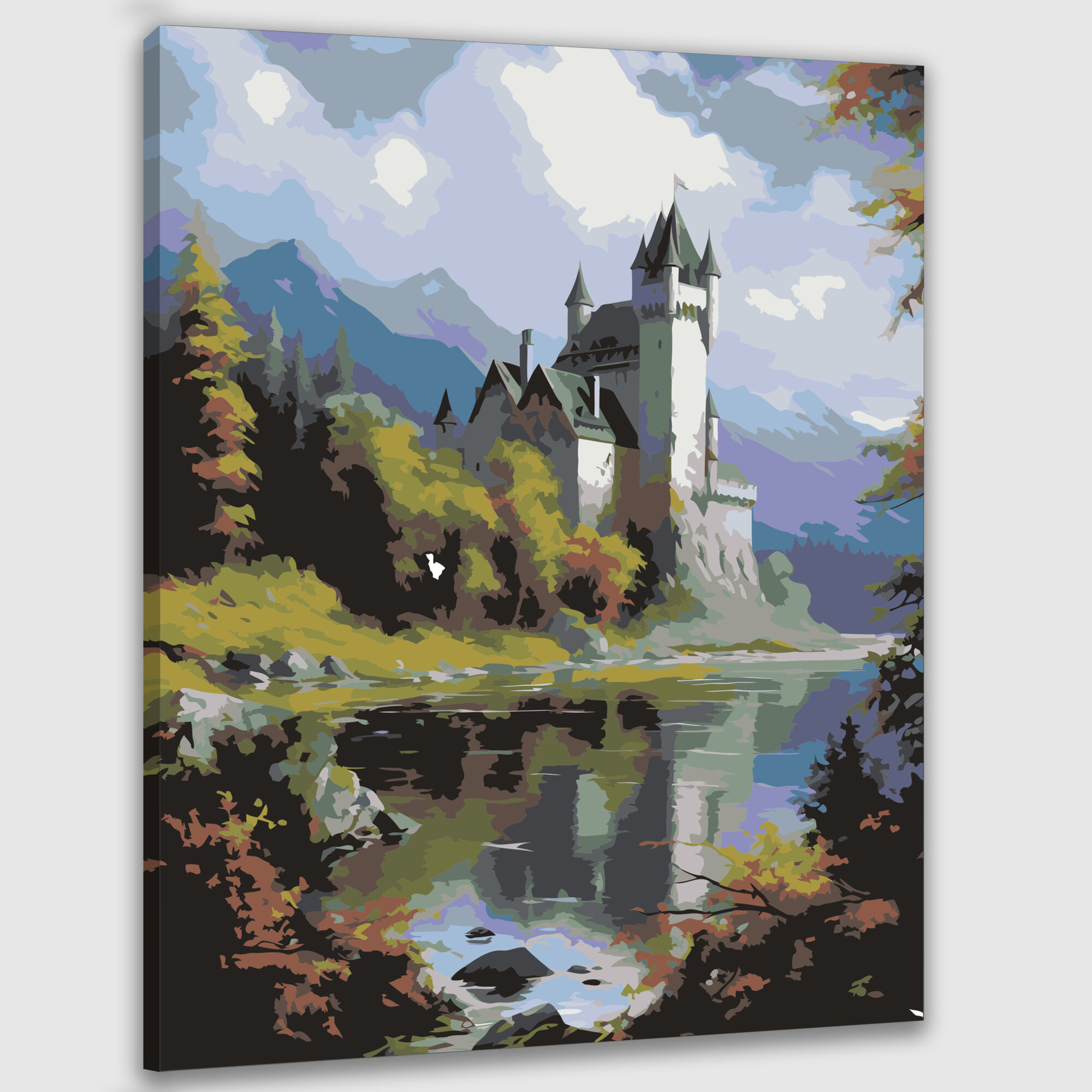 Картина по номерам 40x50 см, картина, масло, замок, средневековый, скалистый утес, озеро, каменные стены, башни, сила