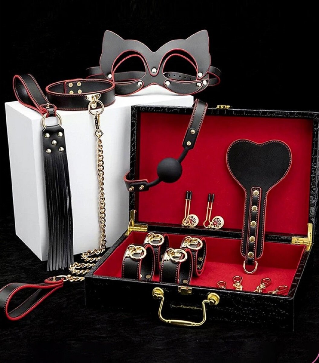 Набор для БДСМ игр 8 предметов G-Agent, черный с красным. Отличный подарок