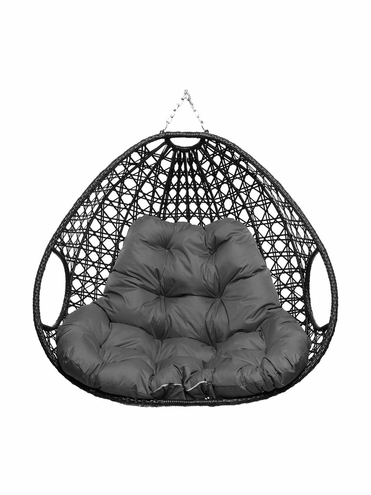 Подвесное кресло для двоих люкс (без стойки), с ротангом чёрное, серая подушка