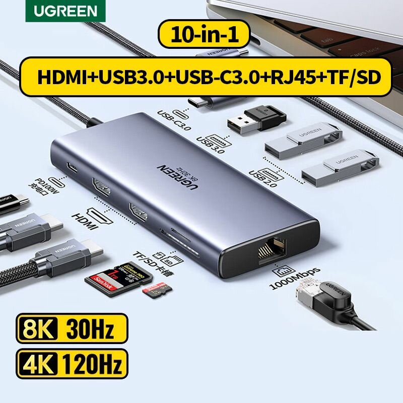 USB-Концентратор UGREEN 10-in-1 (15534), 8K(60HZ) HDMI, RJ45, USB3.0, USB-C 5Gbps, SD, TF, PD 100W Hub