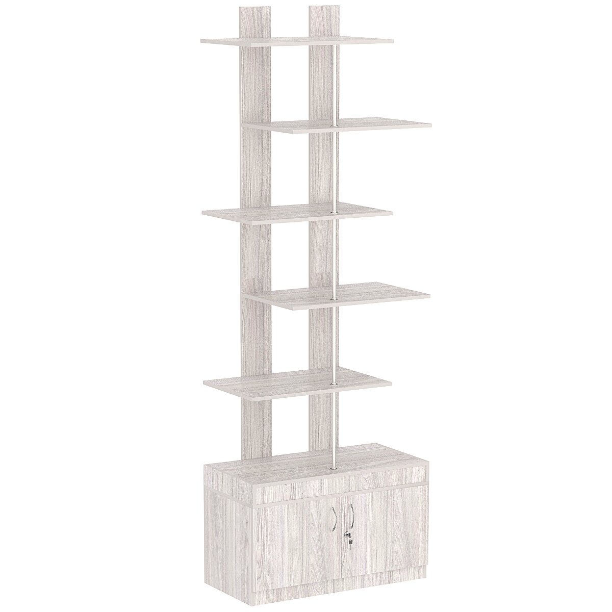 Стеллаж серии КУБ №5 с четырьмя полками и распашными дверками в накопителе, Ясень Анкор светлый - U31104