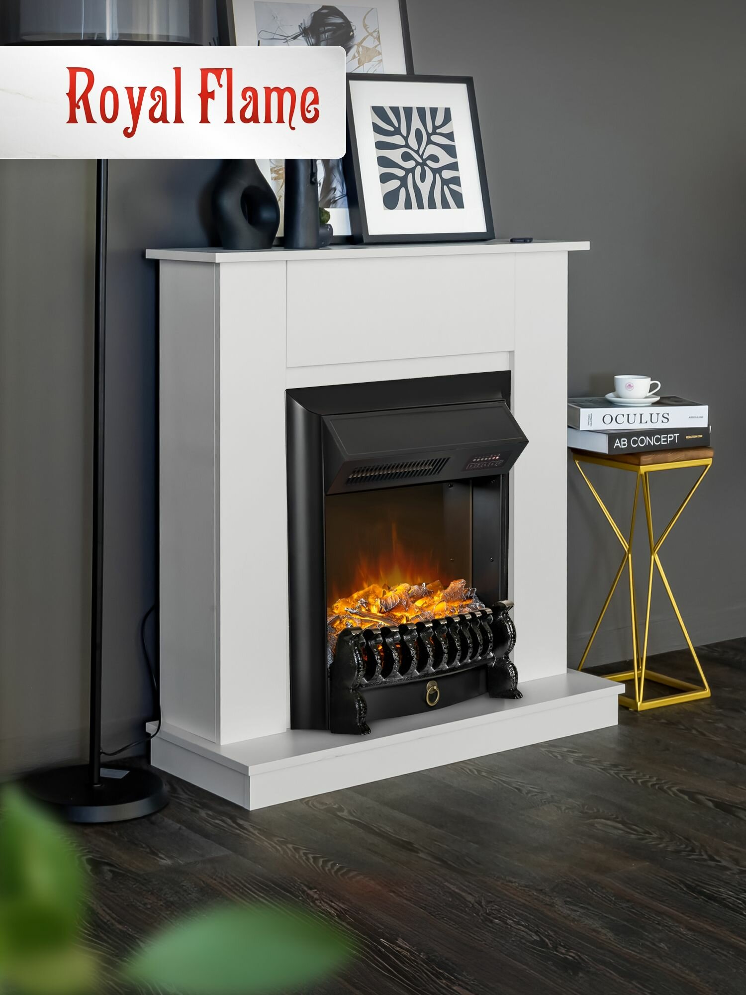 Камин электрический напольный для дома SCANDIC STD белый и Fobos Black RC электрокамин
