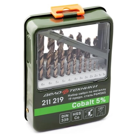 Набор сверл по металлу Дело Техники Р6М5К5, 19 шт (1-10, шаг 0,5 мм) "ДТ"/20, 211219